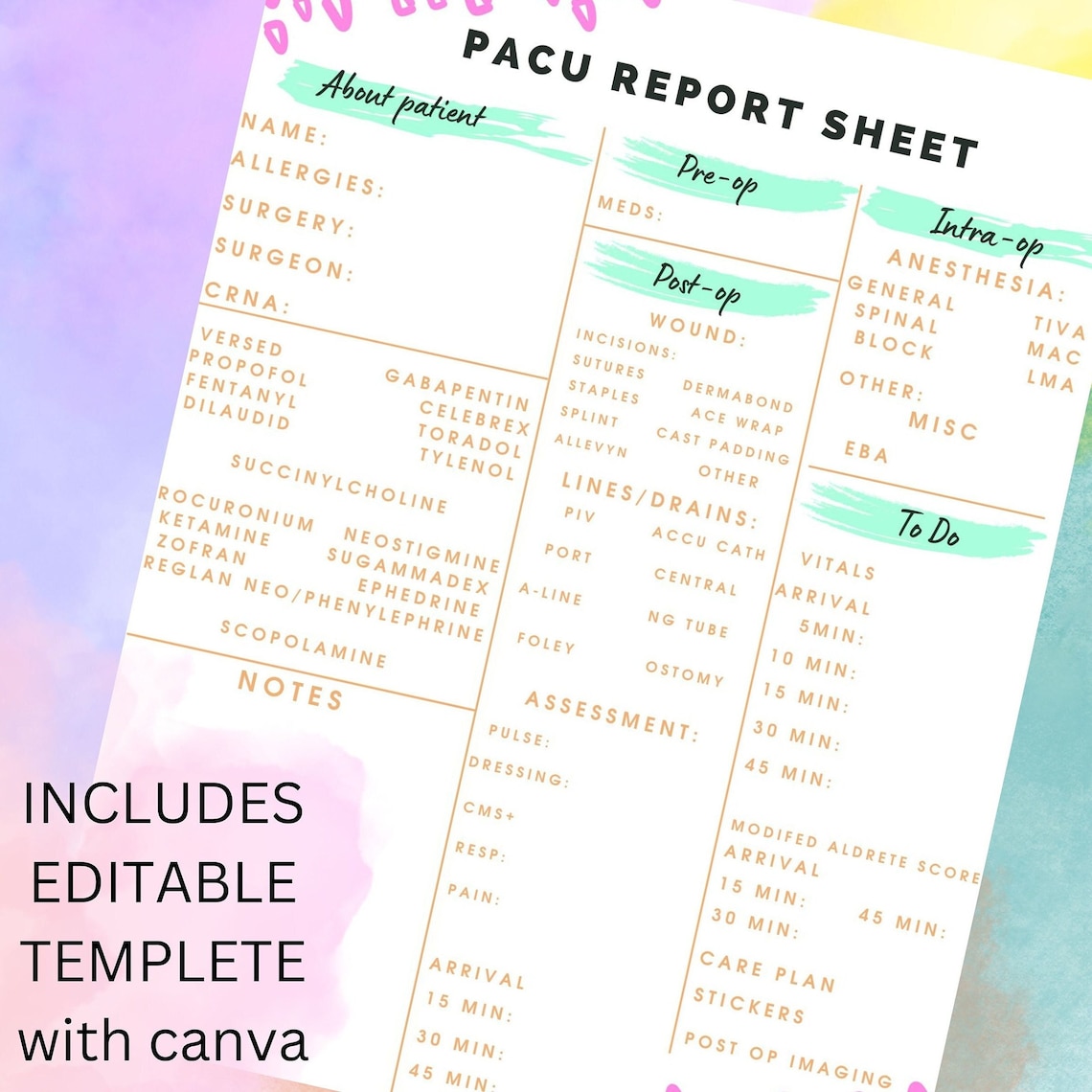PACU Nurse Report Sheet for Recovery Room Report Sheet Post-op Nurse ...