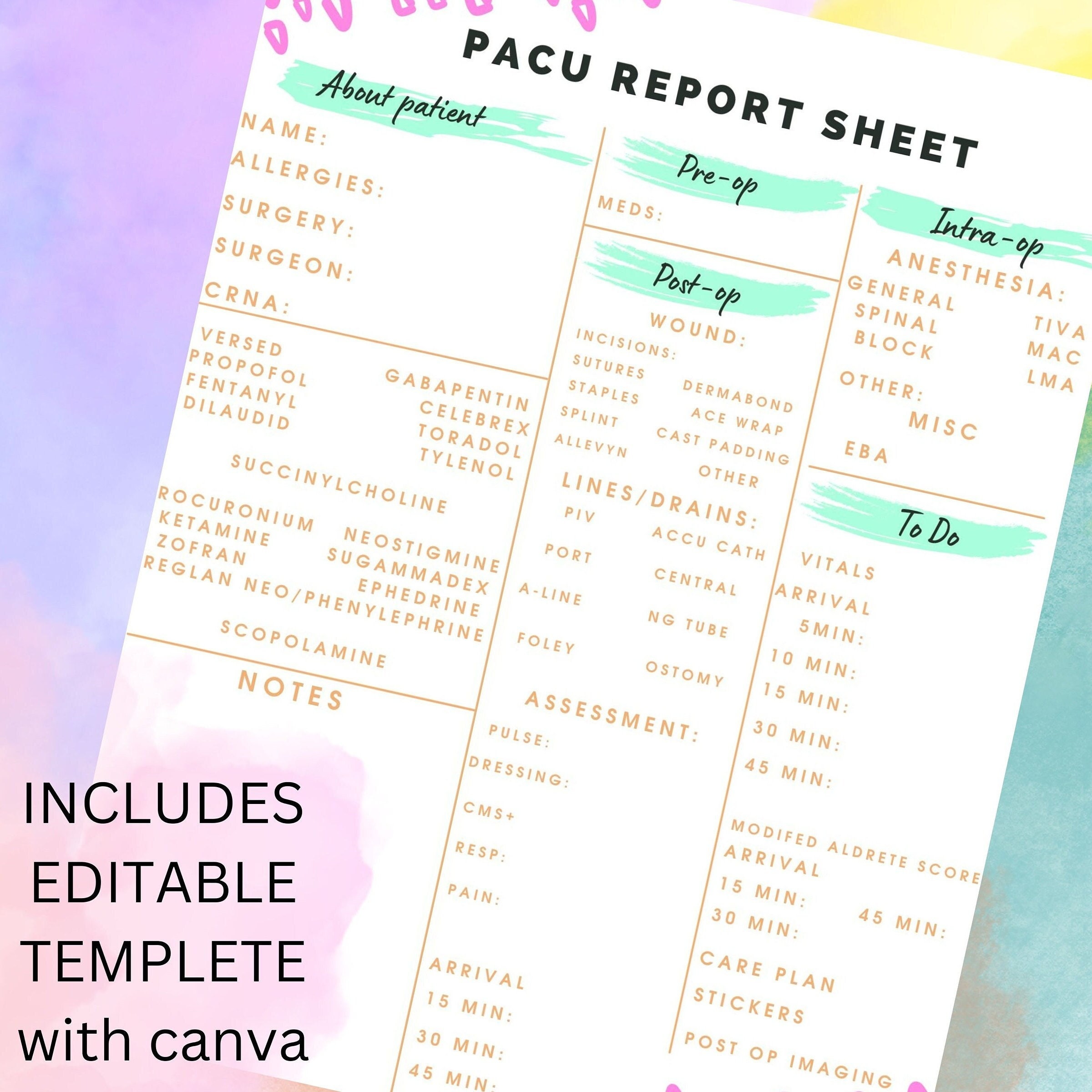 PACU Nurse Report Sheet for Recovery Room Report Sheet Post-op Nurse ...