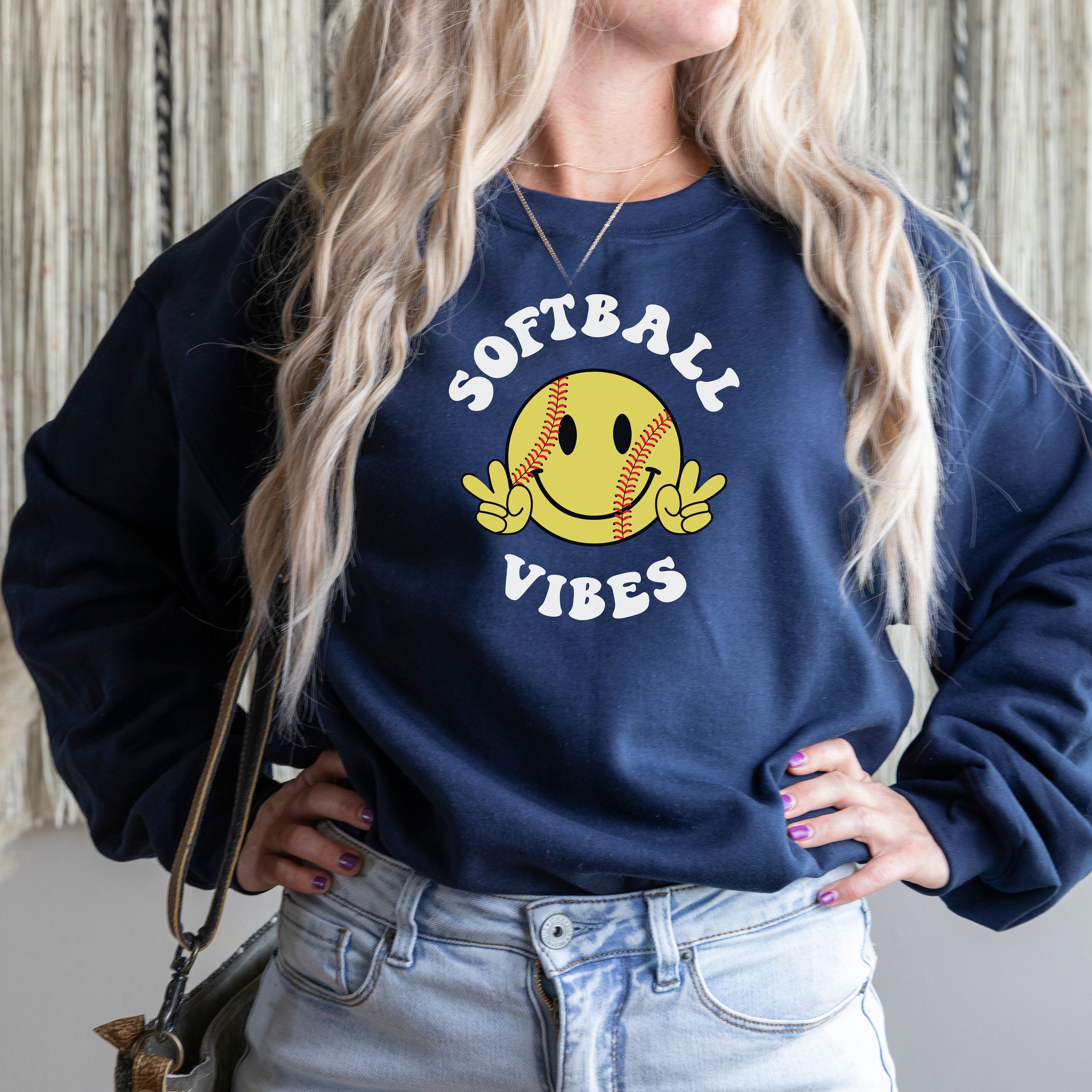 Youth Softball Vibes Smiley Sweater, Softball Pullover, Baseball ...