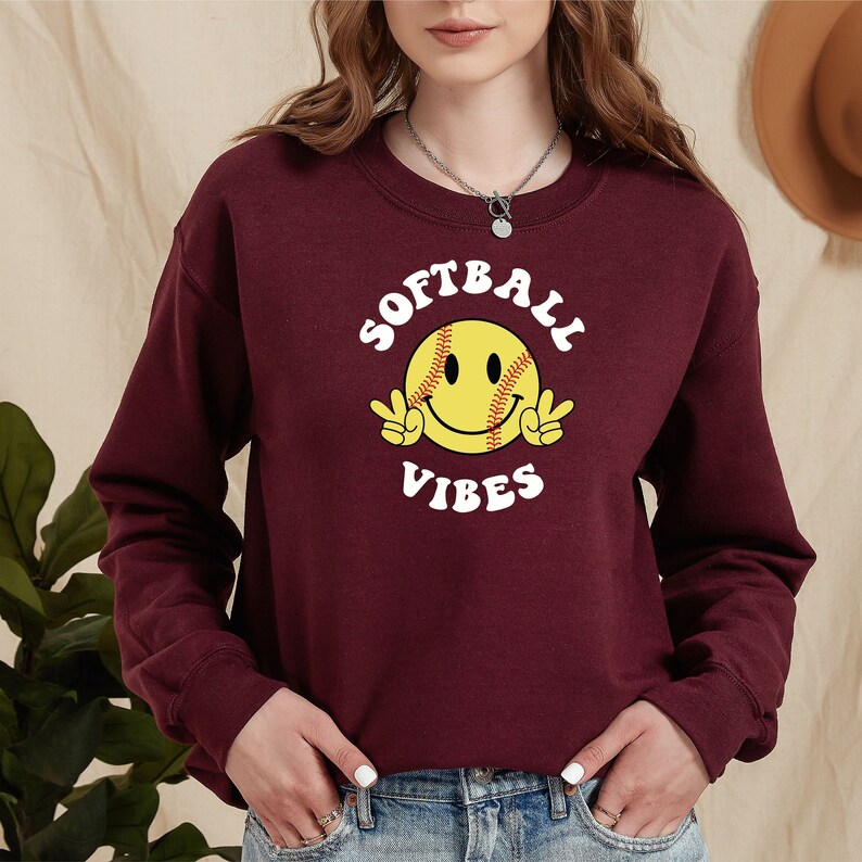 Youth Softball Vibes Smiley Sweater, Softball Pullover, Baseball ...