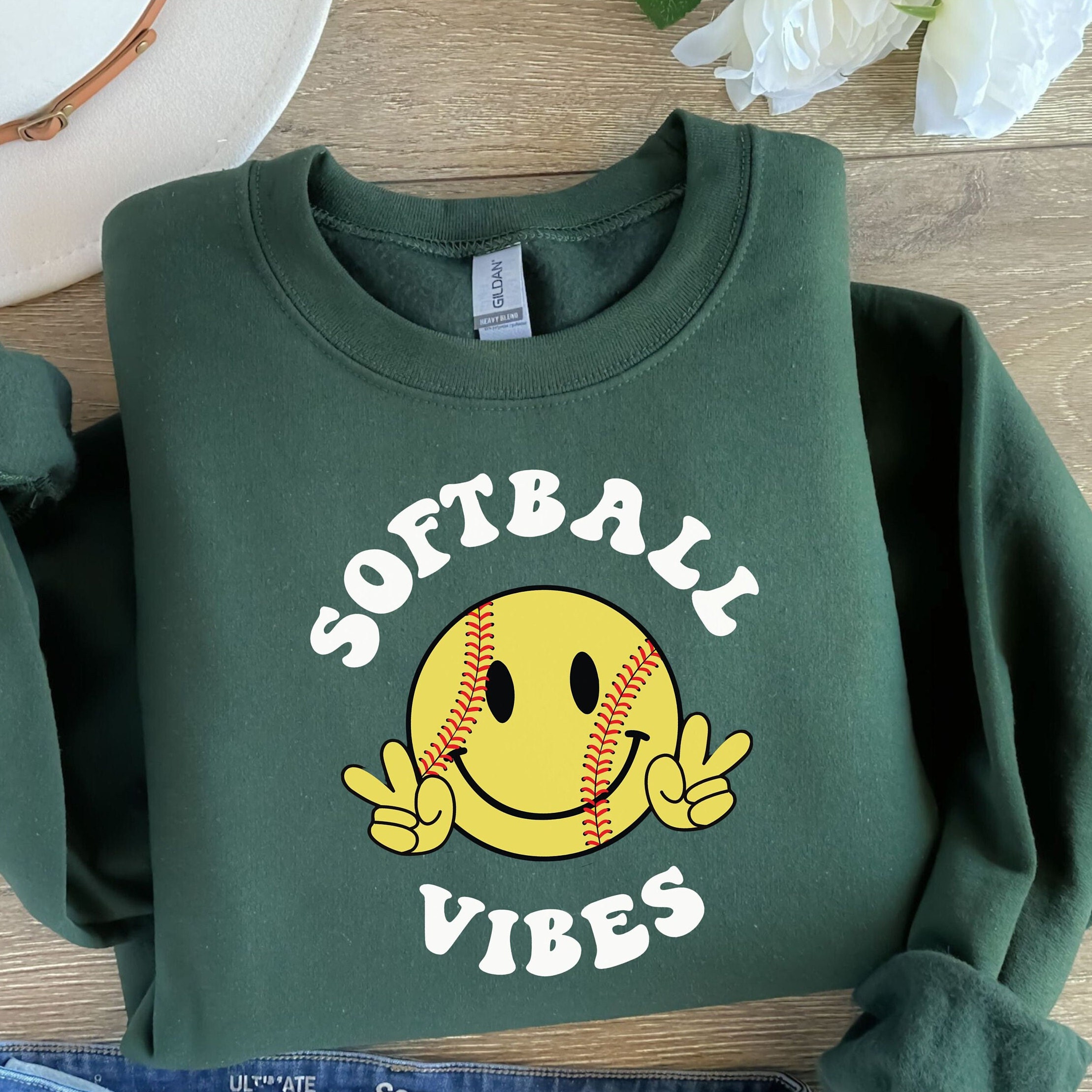 Youth Softball Vibes Smiley Sweater, Softball Pullover, Baseball ...