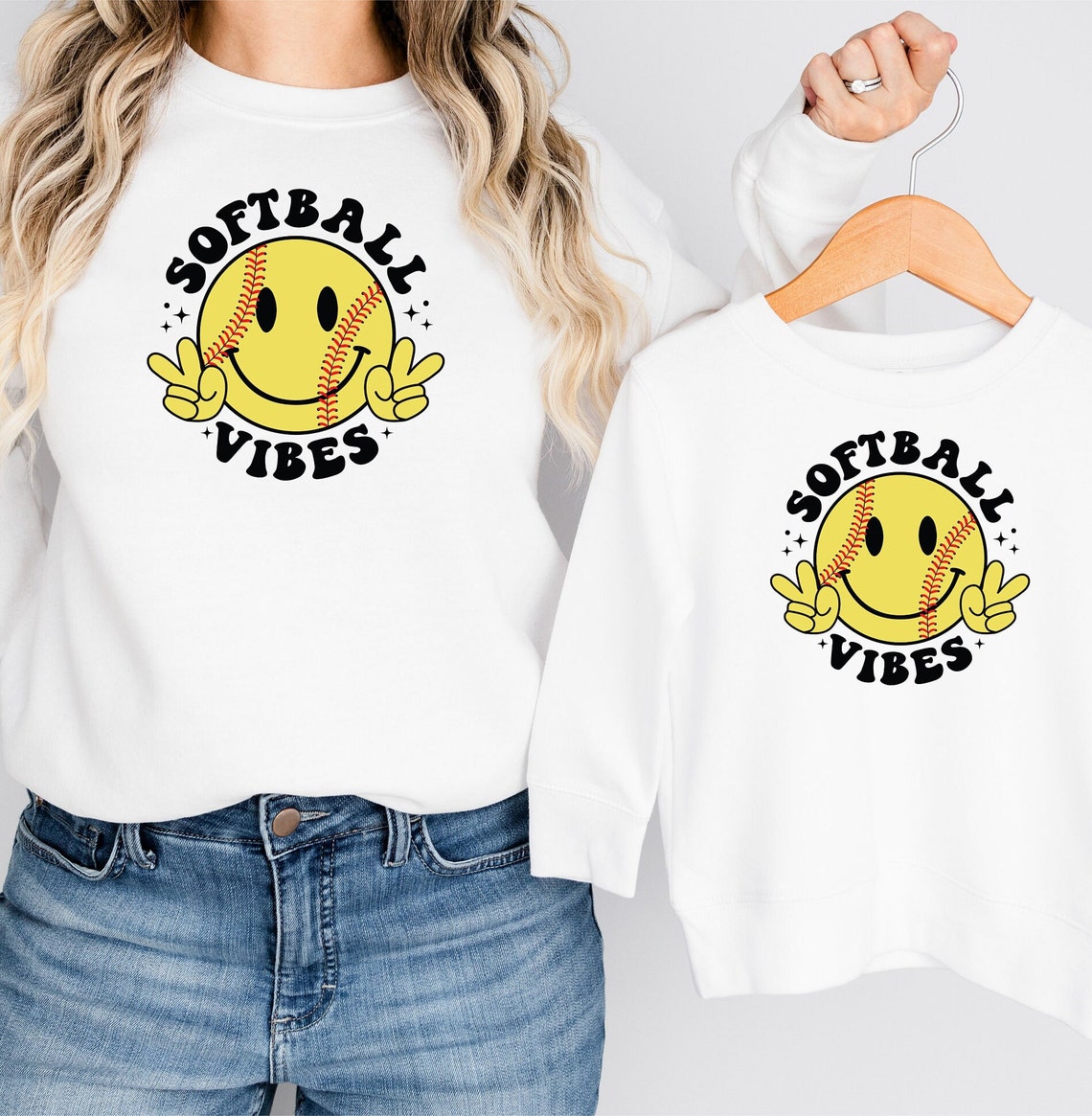 Youth Softball Vibes Smiley Sweater, Softball Pullover, Baseball ...
