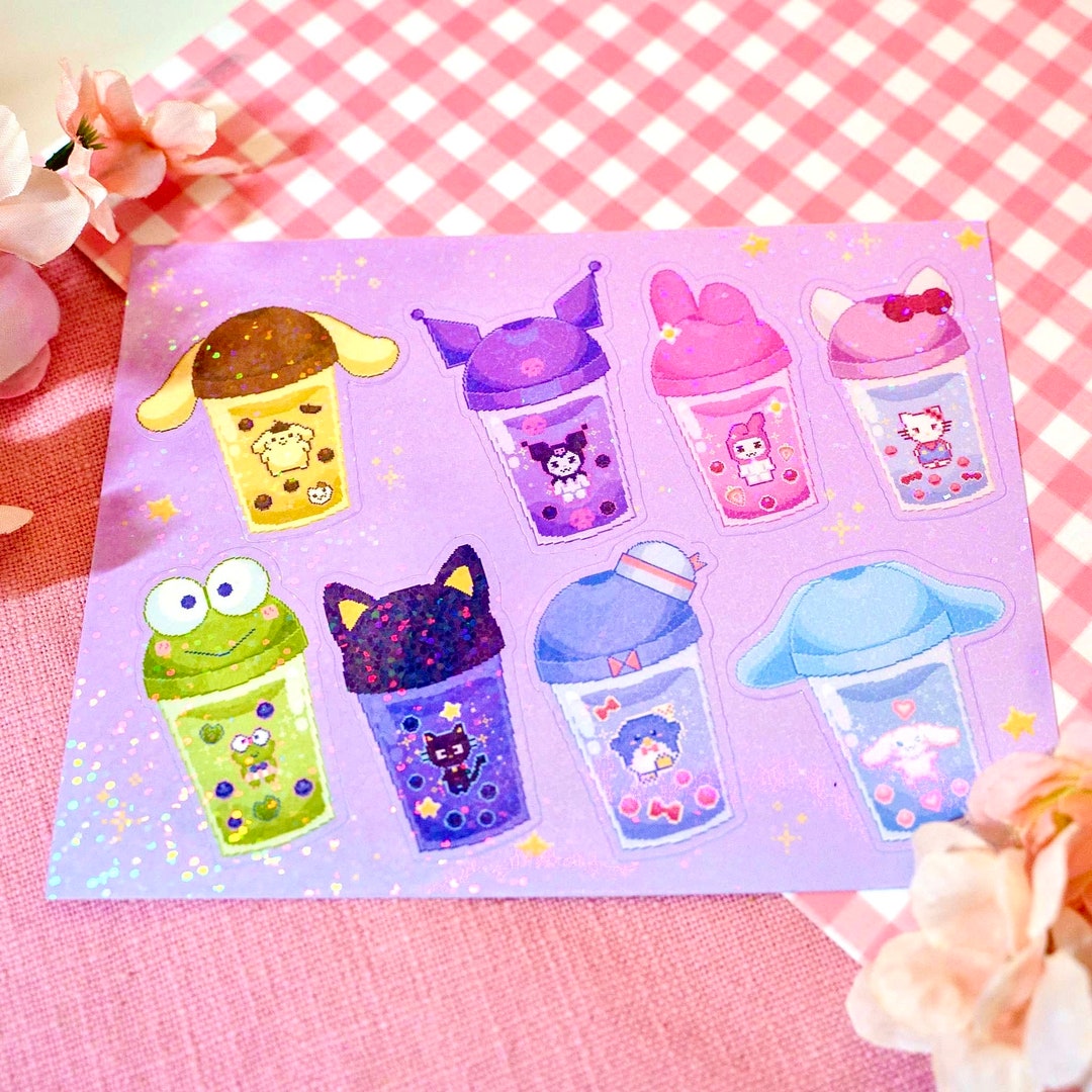 Kawaii Kitty and Friends Boba Glitter Holo Sticker Sheet - Etsy