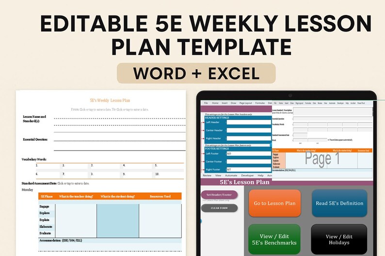 5E Lesson Plan Template (editable Weekly Planner + Macro-enabled Excel ...