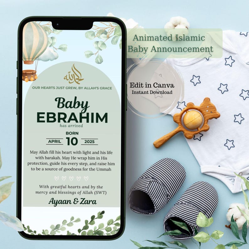 Animated Islamic Newborn Baby Birth Announcement Template, Editable ...