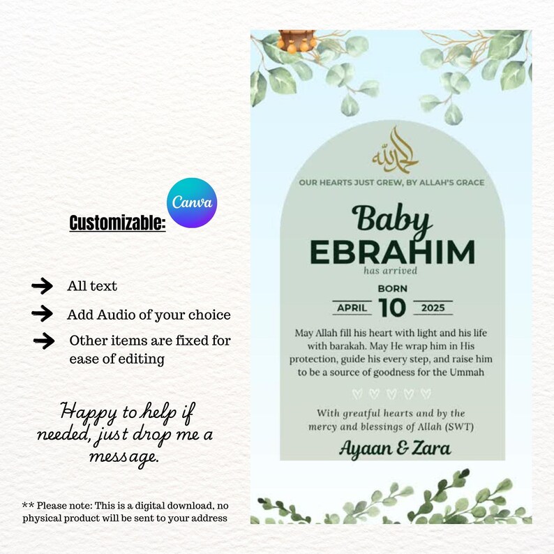 Animated Islamic Newborn Baby Birth Announcement Template, Editable ...