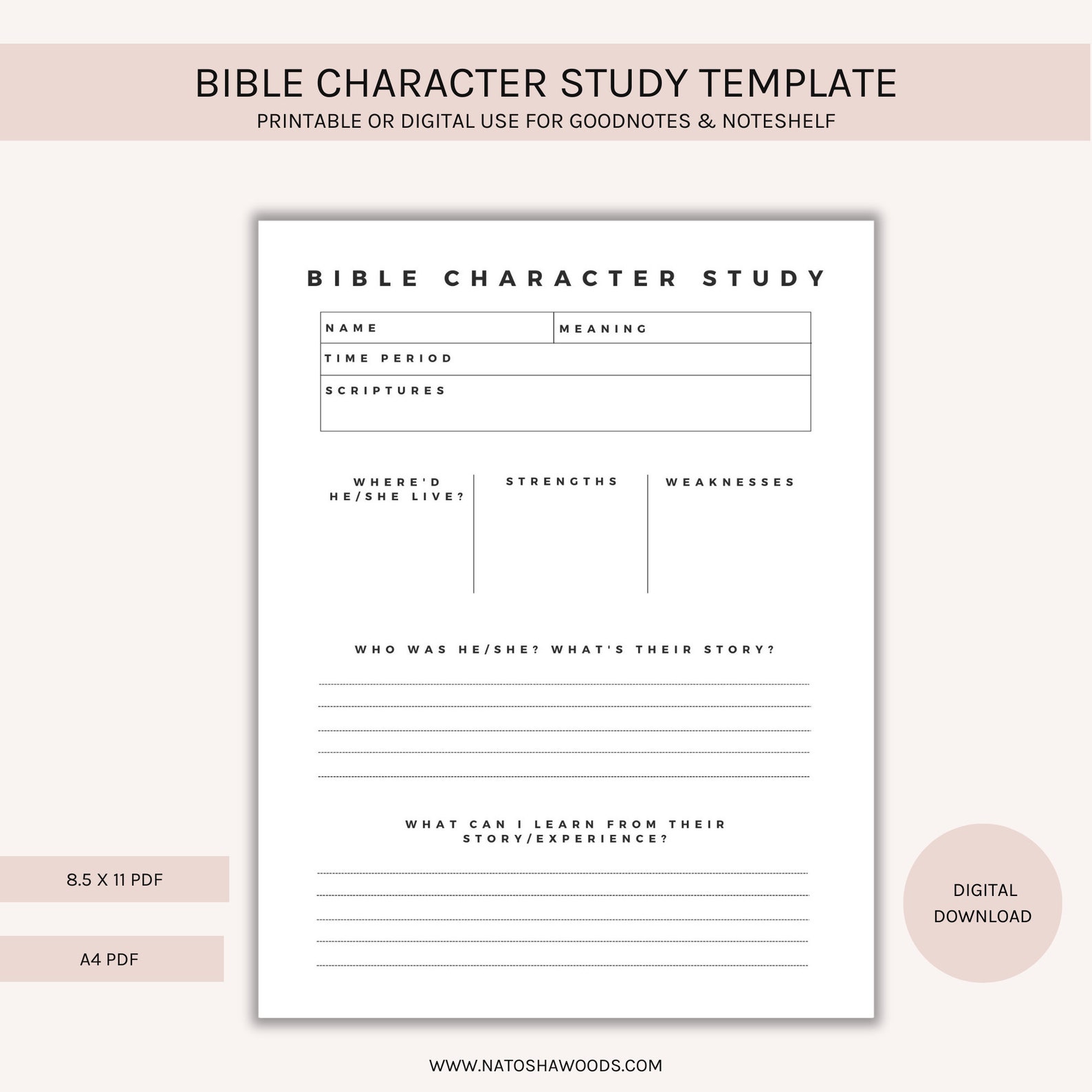 Bible Character Study Journaling Printable, Bible Study Notes Template ...