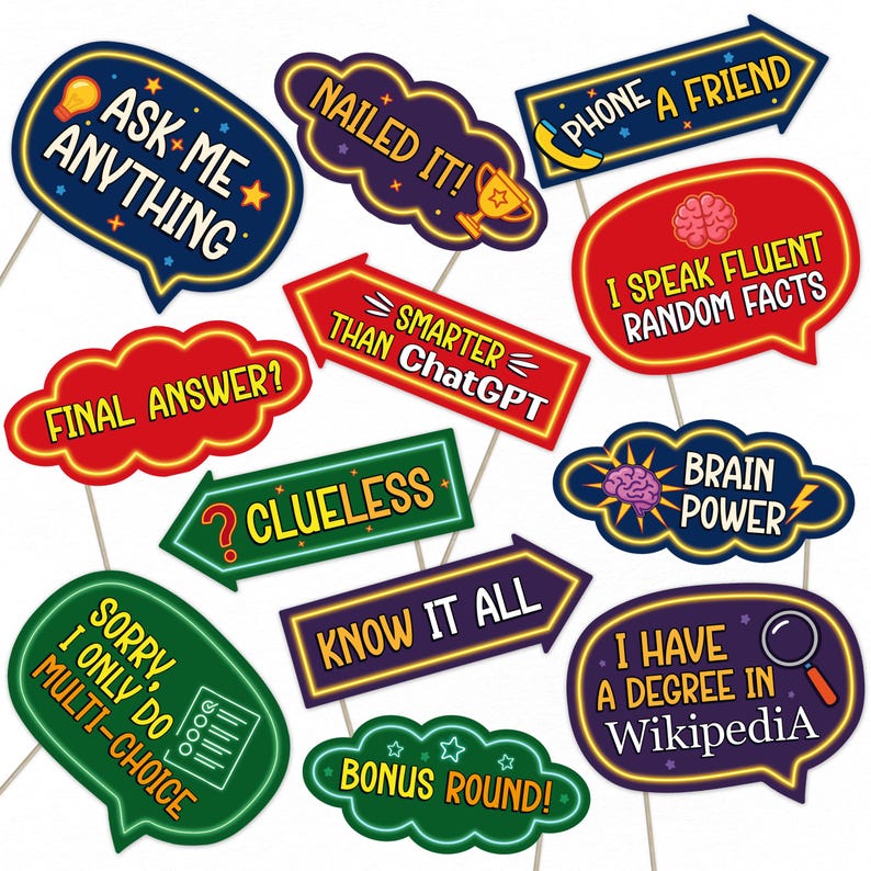 Trivia Night Photo Booth Props 12 Piece Kit Pub Quizzes Decorations Pre ...