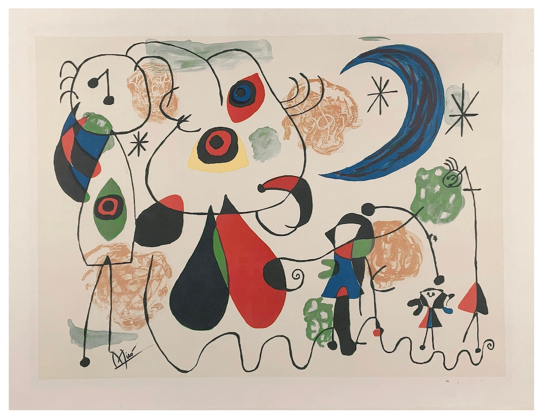 After (d’apres) JOAN MIRO Vintage Color Lithograph “women, Moon, Birds ...
