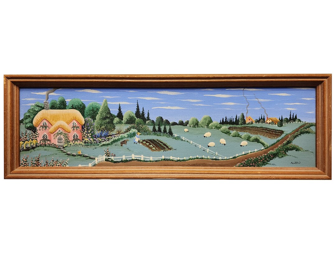 Signed Original NANCY ALBRO Folk Art Painting panoramic Country Farm ...