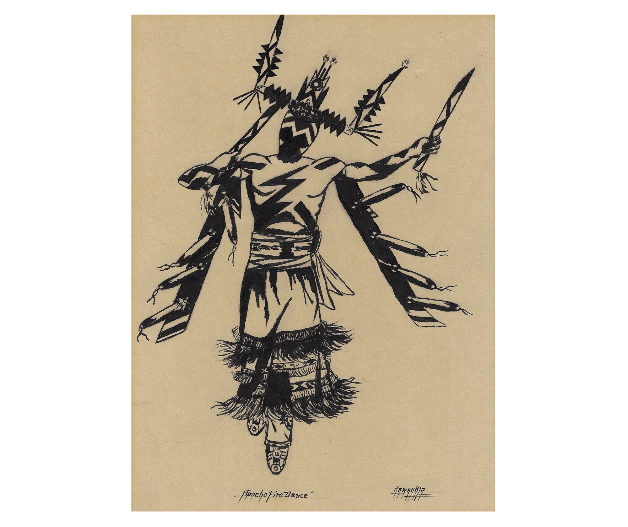 Signed Original Ink Drawing by KAWAYKLA Native American Apache Artist ...