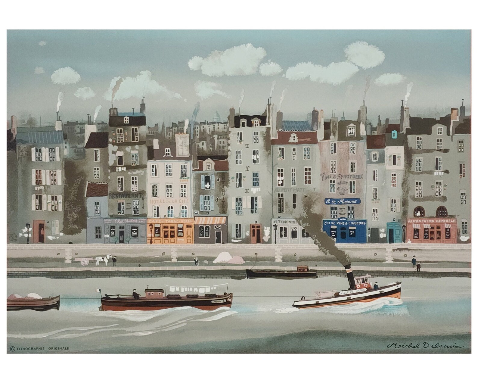 Original Stone Signed MICHEL DELACROIX Color Lithograph “le Remorqueur ...