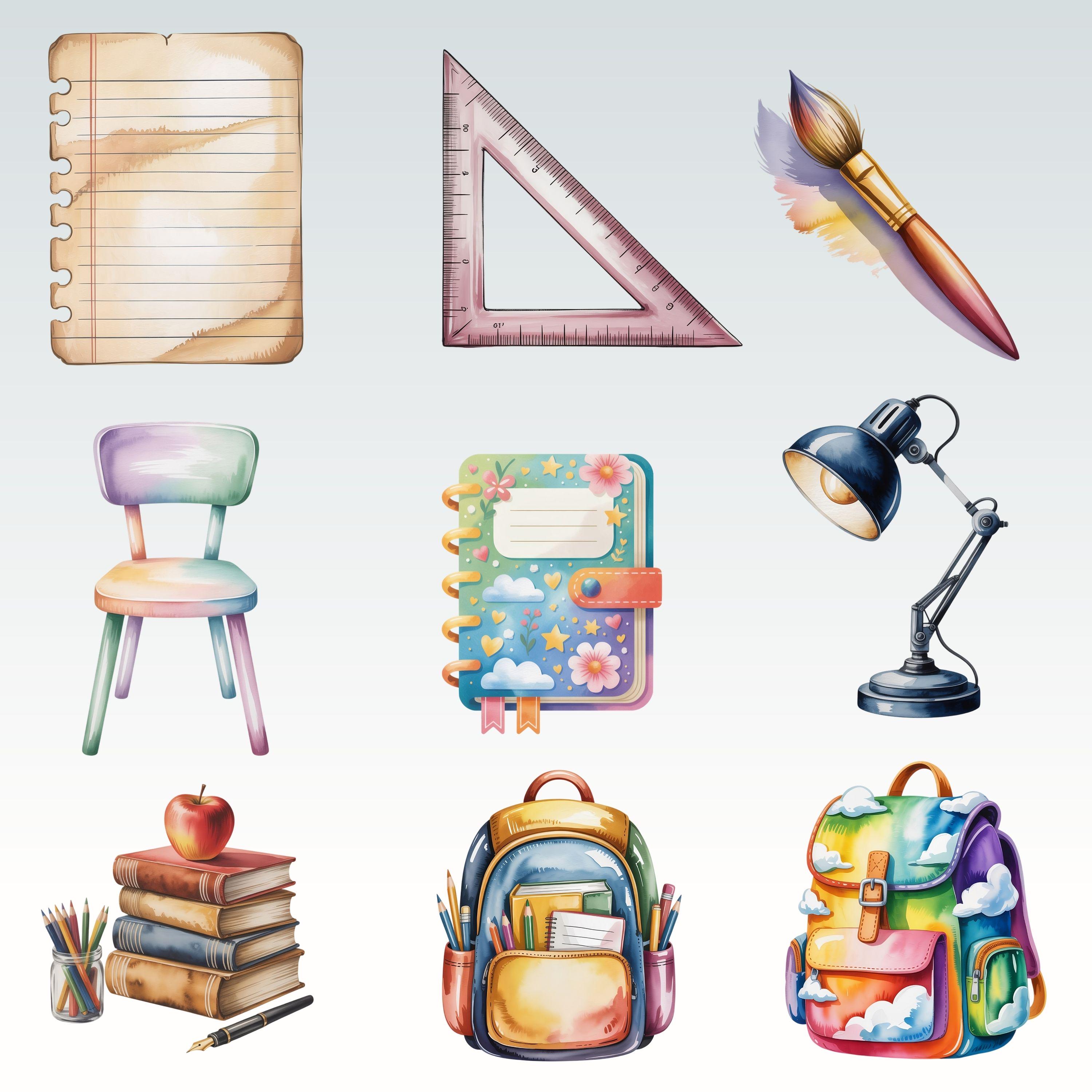 100 School Supplies Watercolor Clipart Bundle, School Stationery ...