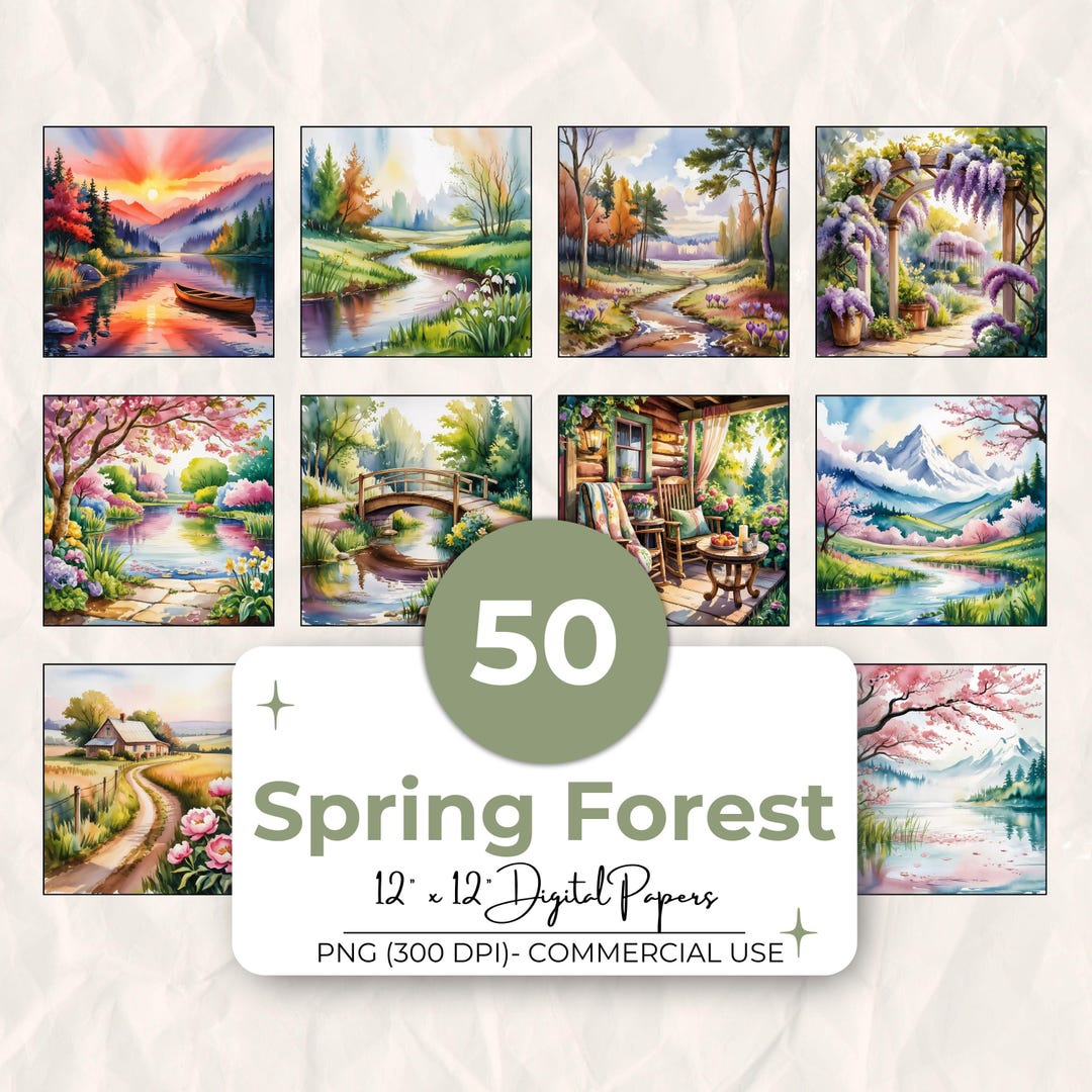 50 Spring Watercolor Digital Papers, Spring Forest Watercolor, Spring ...