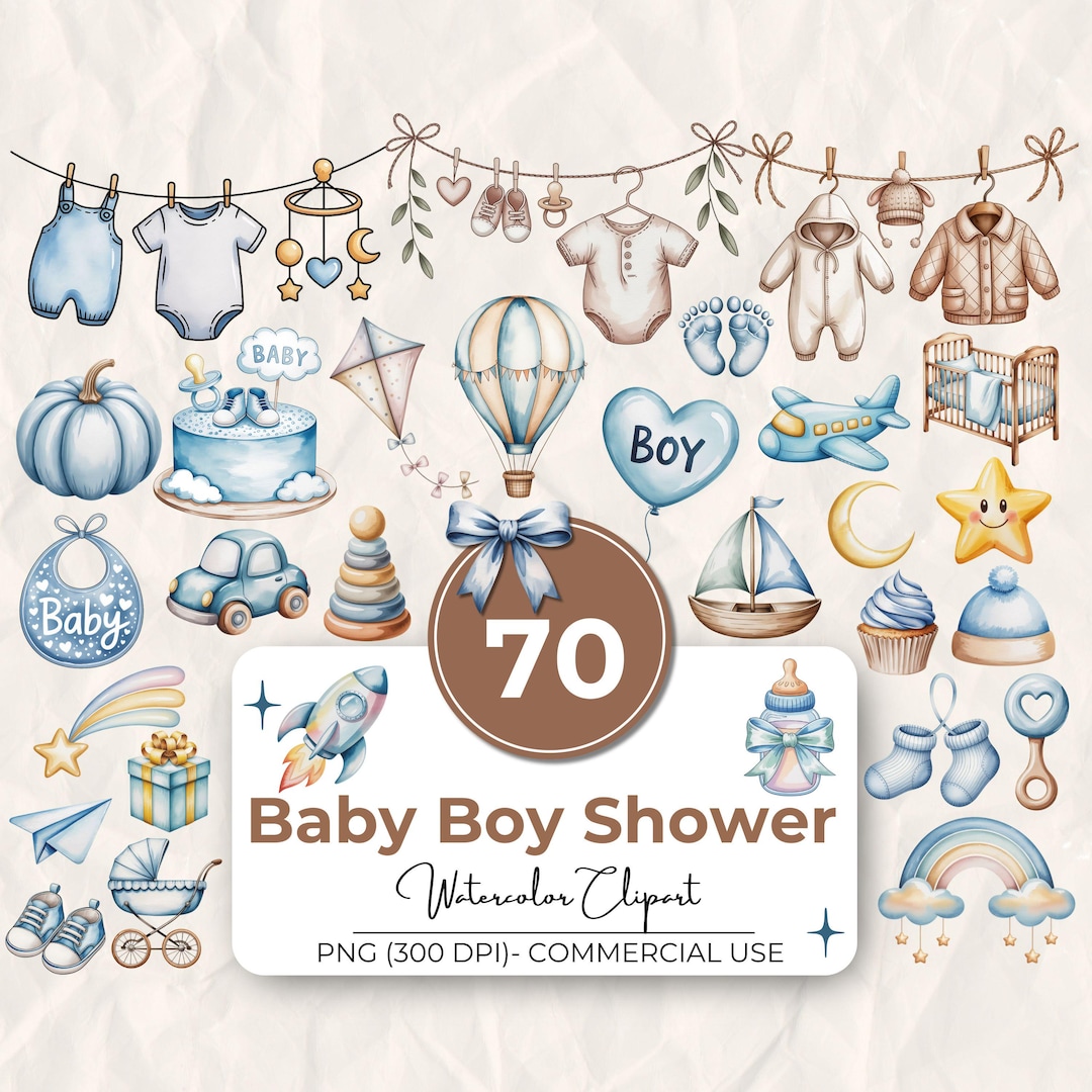 70 Baby Shower Clipart Watercolor Blue Bundle, Baby Boy Shower, New ...