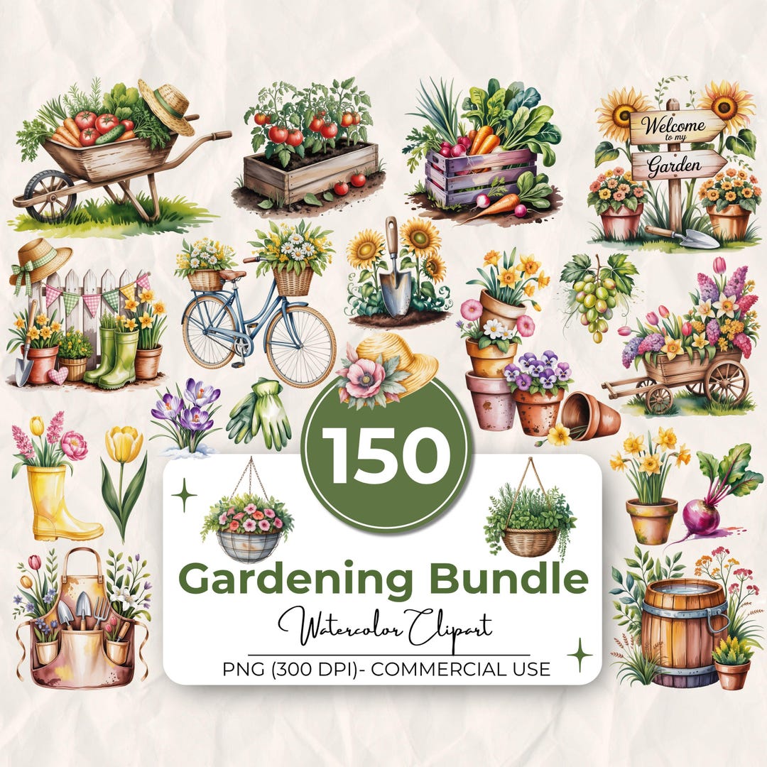 150 Gardening Watercolor Clipart Bundle, Garden Clipart PNG Set, Home ...