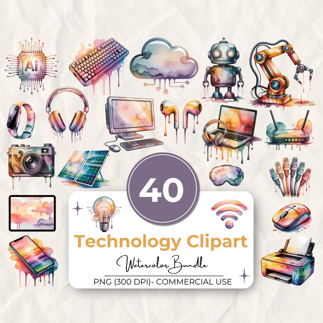 40 Technology Clipart Bundle, Watercolor Tech PNG, AI, Laptop ...
