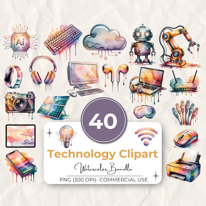 40 Technology Clipart Bundle, Watercolor Tech PNG, AI, Laptop ...