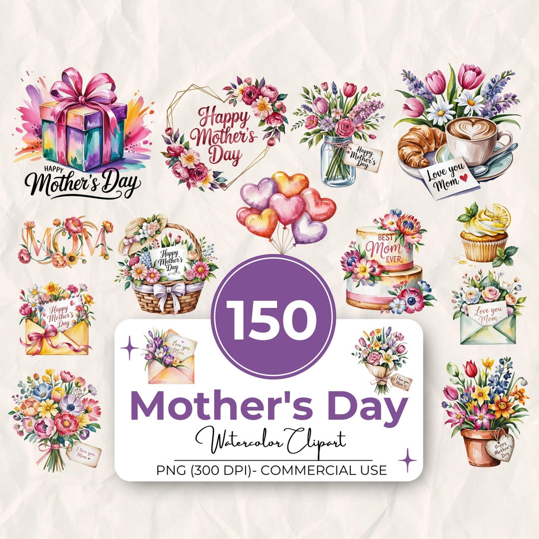 150 Happy Mother’s Day Watercolor Clipart Bundle, Floral Mom Clipart ...