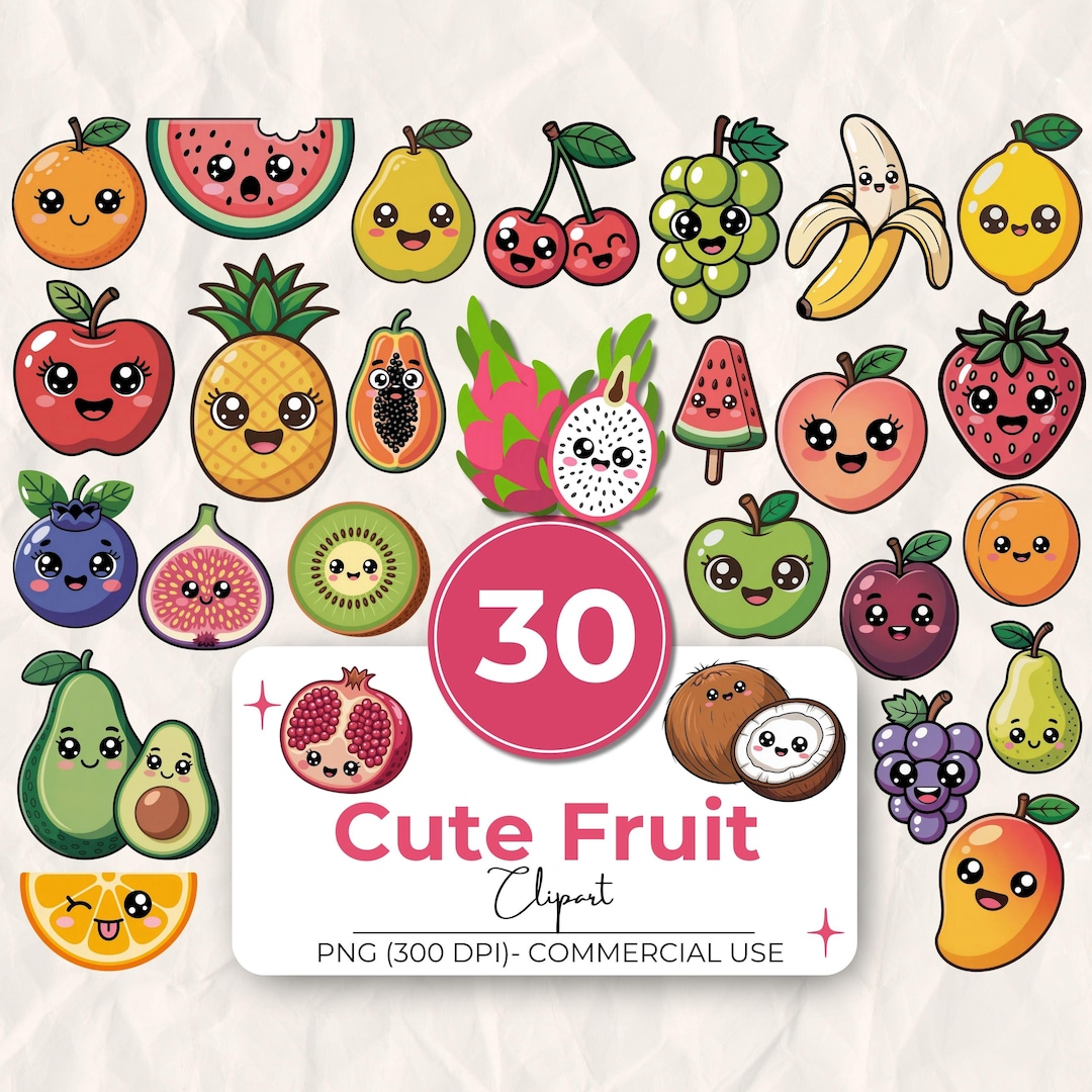 30 Cute Fruit Clipart Bundle, Fruit Clipart Set, Fruit PNG, Summer ...