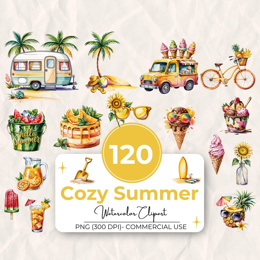 120 Watercolor Cozy Summer Clipart Set, Summer Vibes PNG Bundle, Summer ...