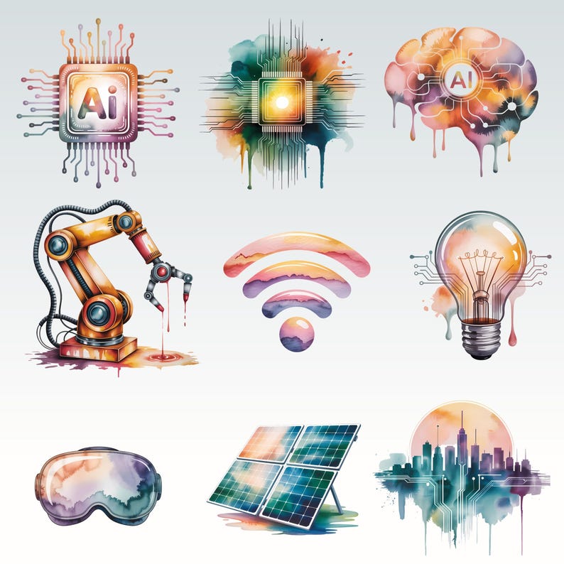 40 Technology Clipart Bundle, Watercolor Tech PNG, AI, Laptop ...