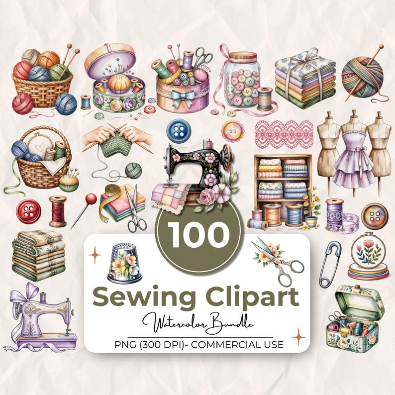100 Vintage Sewing Watercolor Clipart, Floral Sewing Machine, Buttons ...