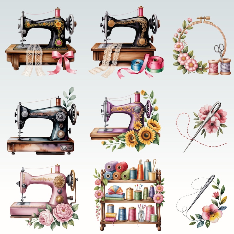 100 Vintage Sewing Watercolor Clipart, Floral Sewing Machine, Buttons ...