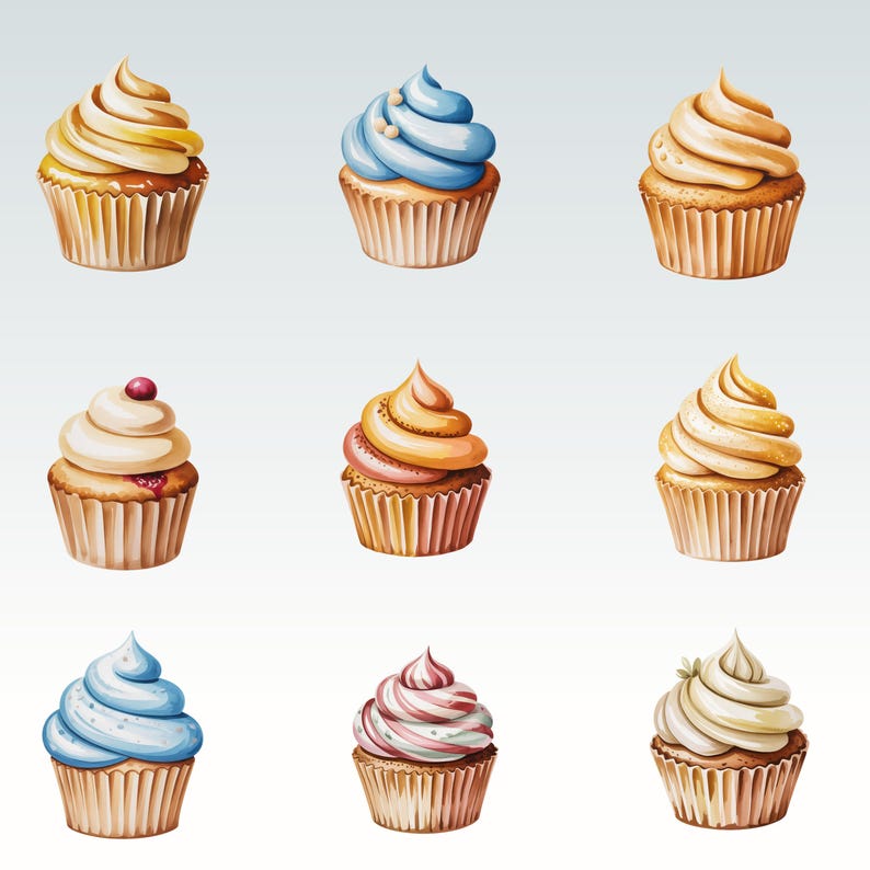 Lot de 120 cliparts aquarelle cupcake, dessert sucré PNG, graphisme ...