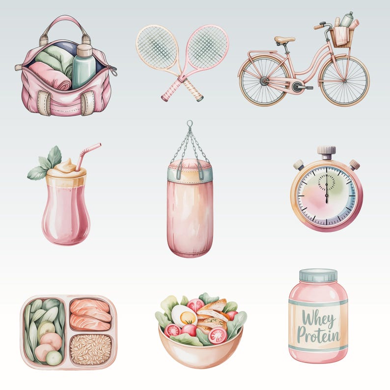50 Pink Workout Watercolor Clipart Bundle, Gym Equipment PNG, Feminine ...