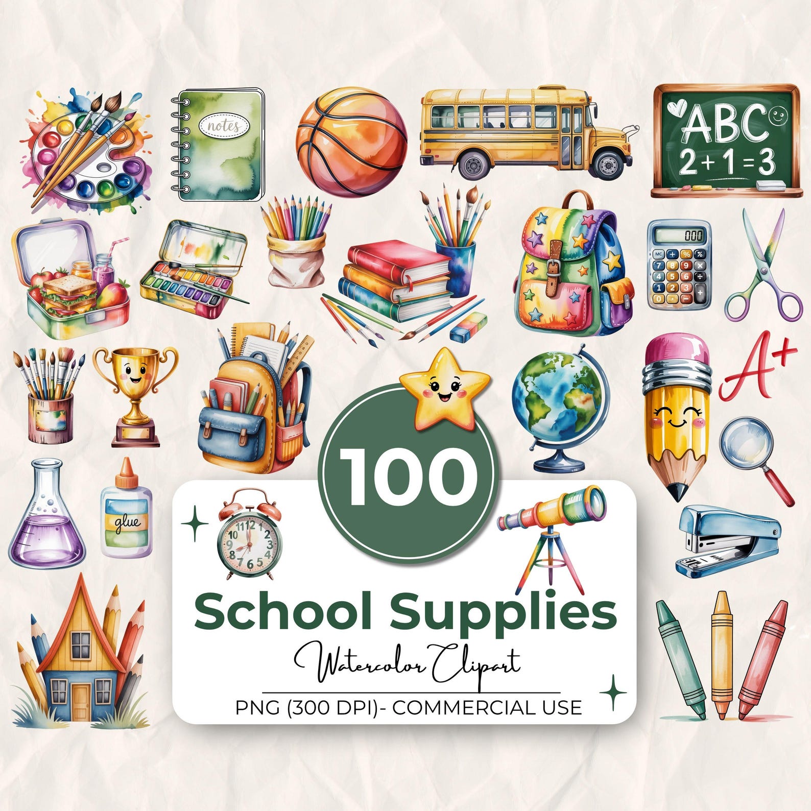 100 School Supplies Watercolor Clipart Bundle, School Stationery ...