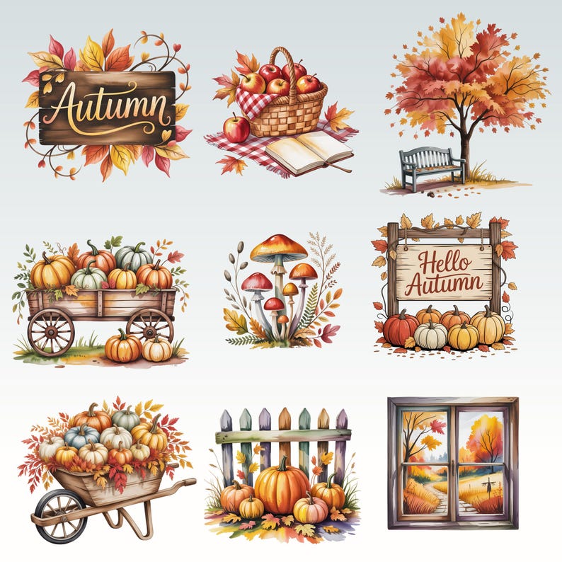 100 Watercolor Cozy Fall Clipart Bundle, Autumn Watercolor Clipart ...