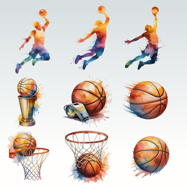 40 Basketball Silhouette Clipart Bundle, Paint Splash Watercolor ...