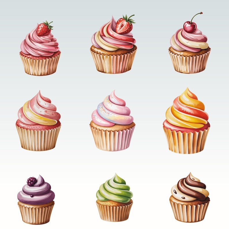 Lot de 120 cliparts aquarelle cupcake, dessert sucré PNG, graphisme ...