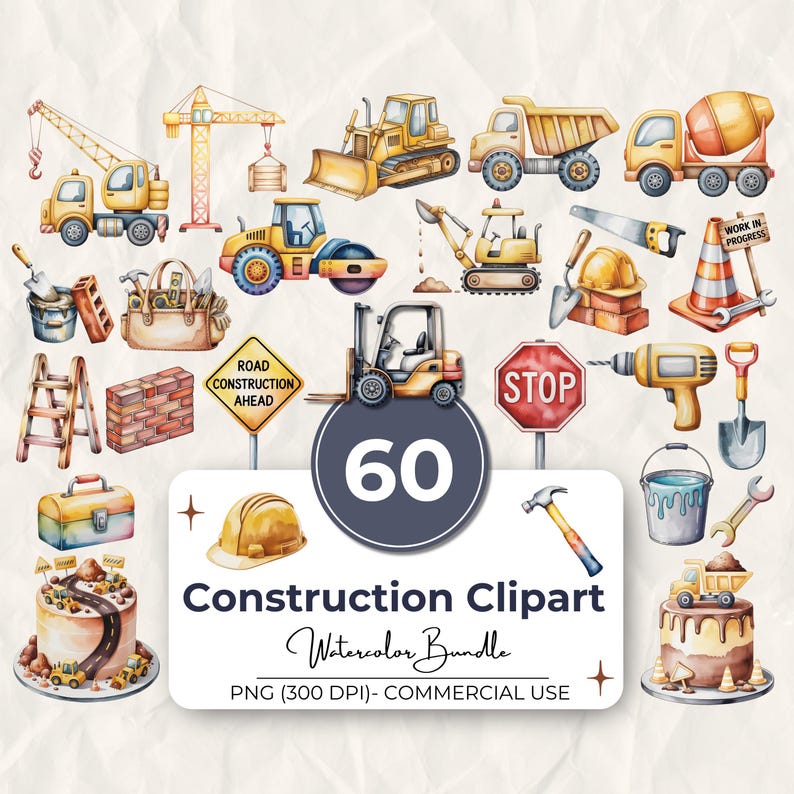 60 Construction Watercolor Clipart Bundle, PNG Vehicles, Tools & Signs ...