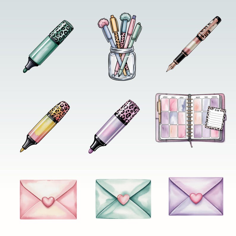 70 Pink Planner Girl Watercolor Clipart, Leopard, Feminine Journal PNG ...