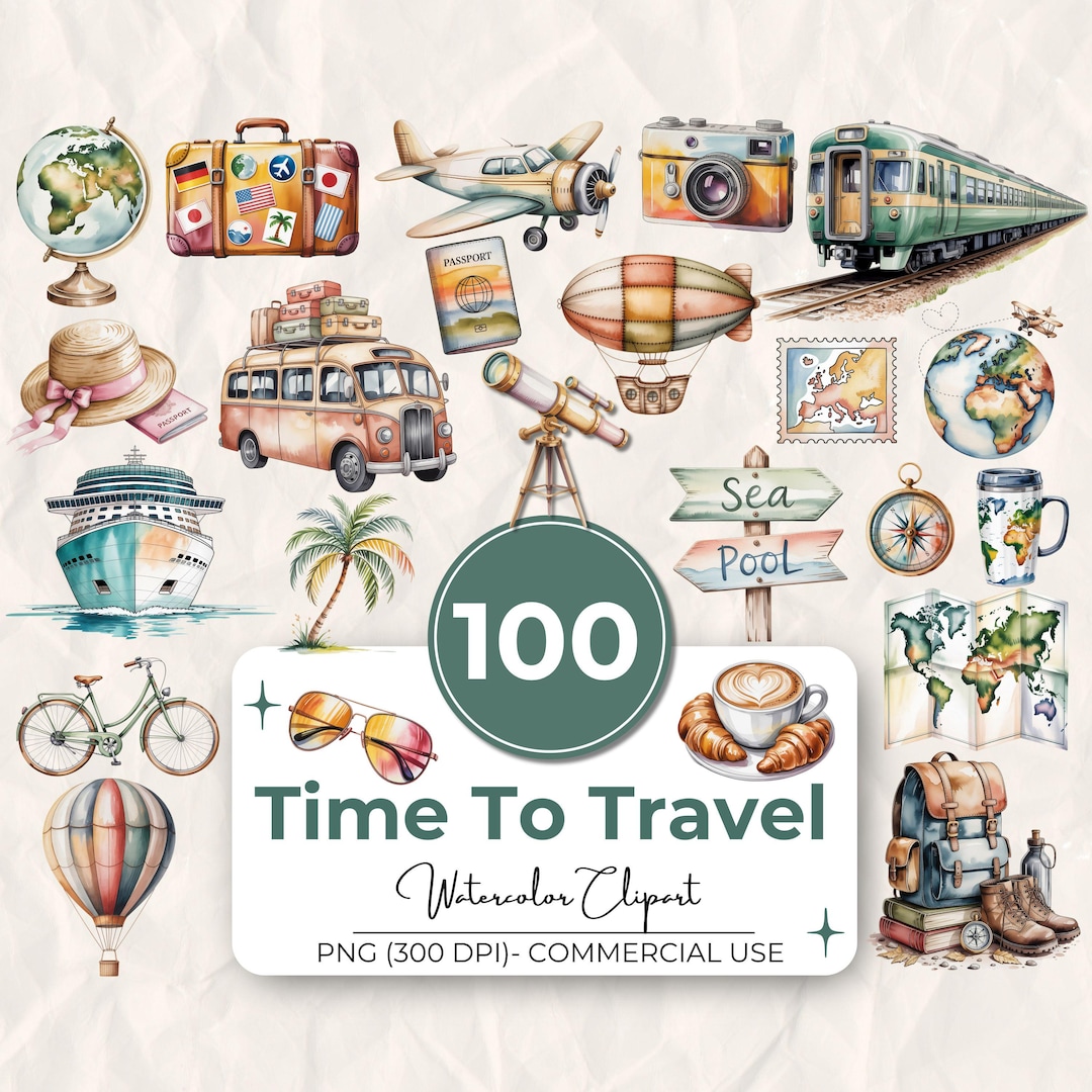 100 Watercolor Travel Clipart Bundle, World Map Clipart , Vacation ...