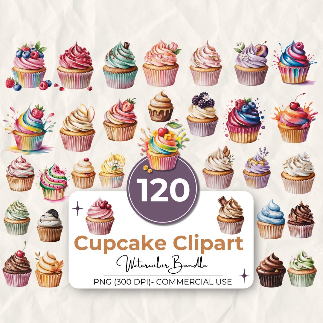 Lot de 120 cliparts aquarelle cupcake, dessert sucré PNG, graphisme ...