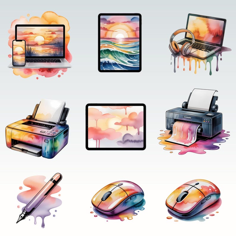 40 Technology Clipart Bundle, Watercolor Tech PNG, AI, Laptop ...