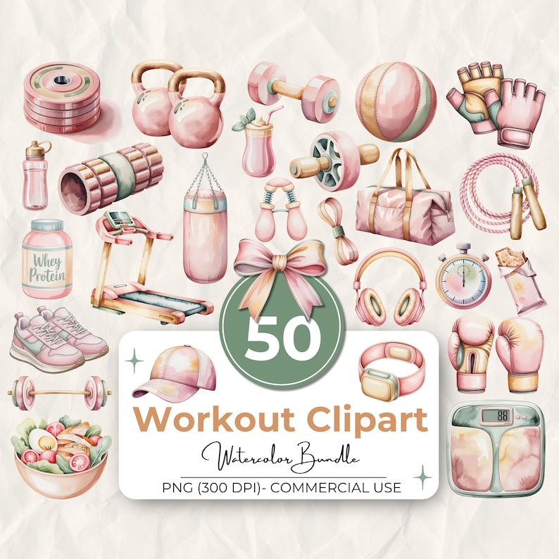50 Pink Workout Watercolor Clipart Bundle, Gym Equipment PNG, Feminine ...