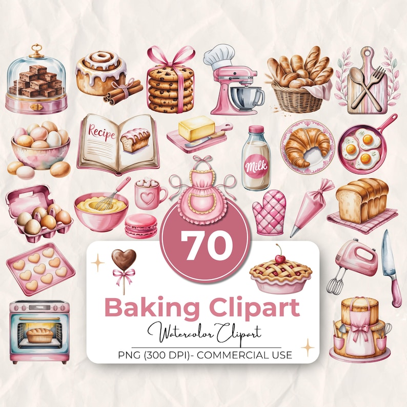 70 Pink Baking Clipart Watercolor Bundle, Baking Tools PNG, Apron ...