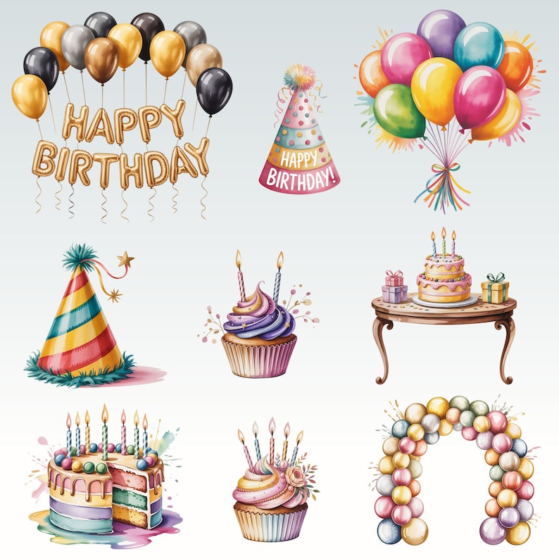 120 Happy Birthday Watercolor Clipart Bundle, Birthday Cake Clipart ...