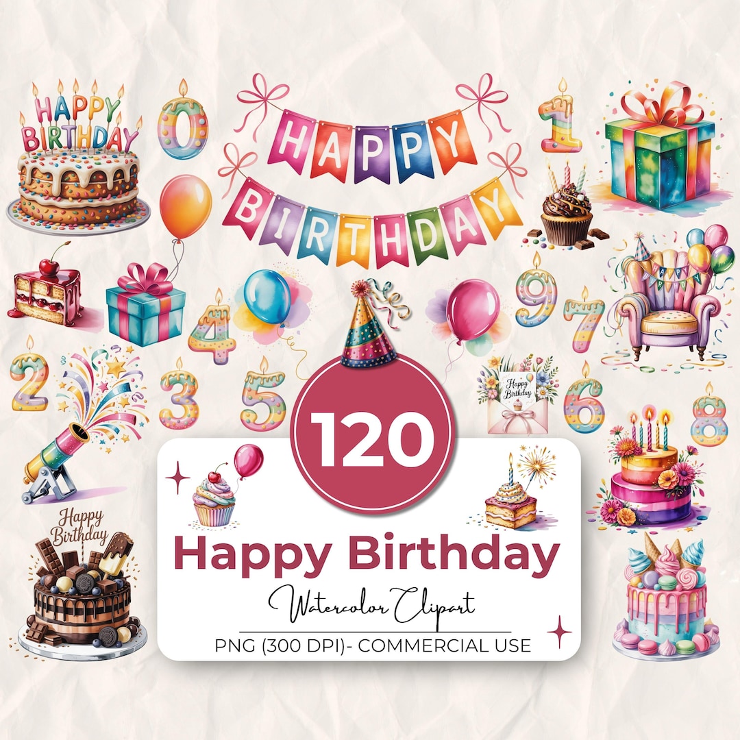 120 Happy Birthday Watercolor Clipart Bundle, Birthday Cake Clipart ...