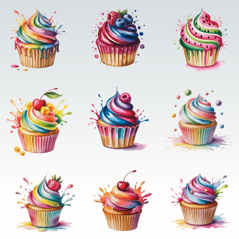 Lot de 120 cliparts aquarelle cupcake, dessert sucré PNG, graphisme ...