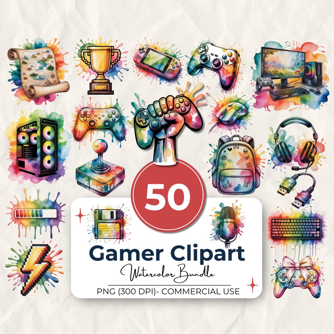 50 Gamer Watercolor Clipart Bundle, Gaming PNG Set With Paint Splashes ...
