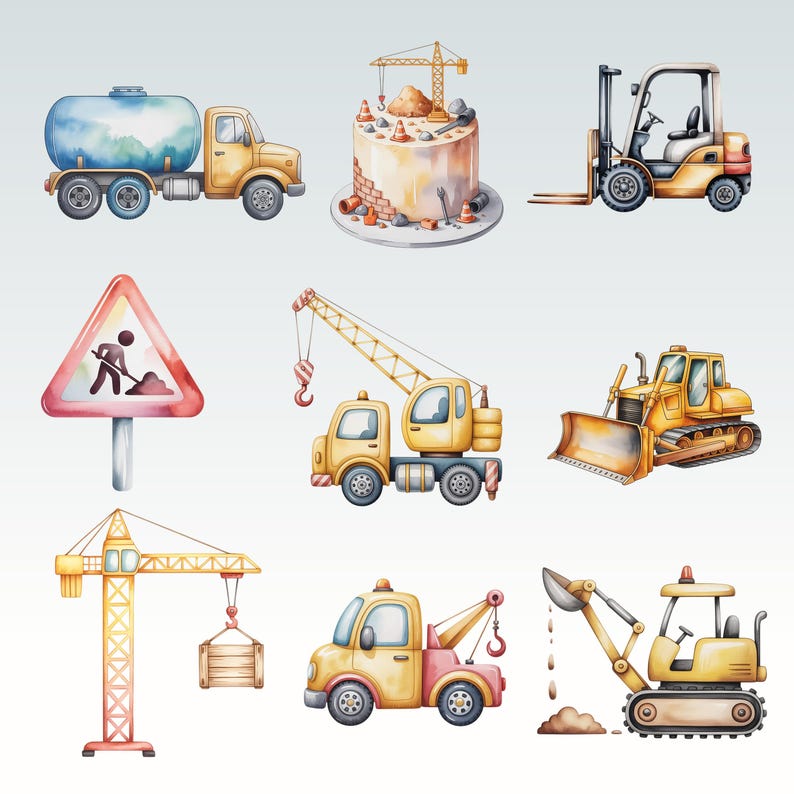60 Construction Watercolor Clipart Bundle, PNG Vehicles, Tools & Signs ...