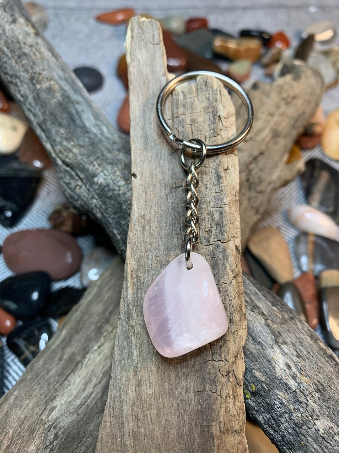 Rose Quartz Keychain: Tumbled Gemstone Car Accessory - Etsy