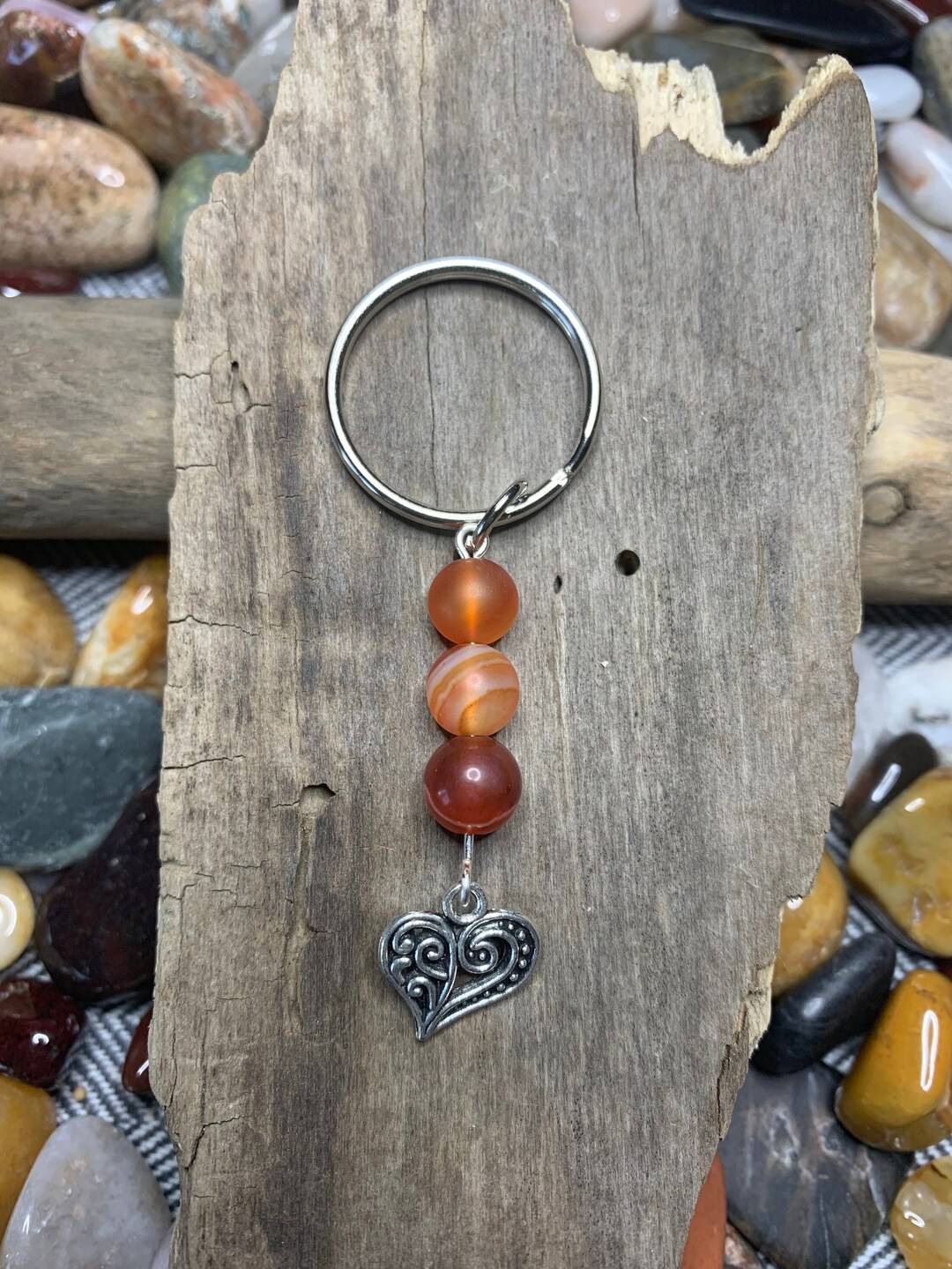 Agate Keychain: Red Banded Gemstone With Silver Heart Charm - Etsy