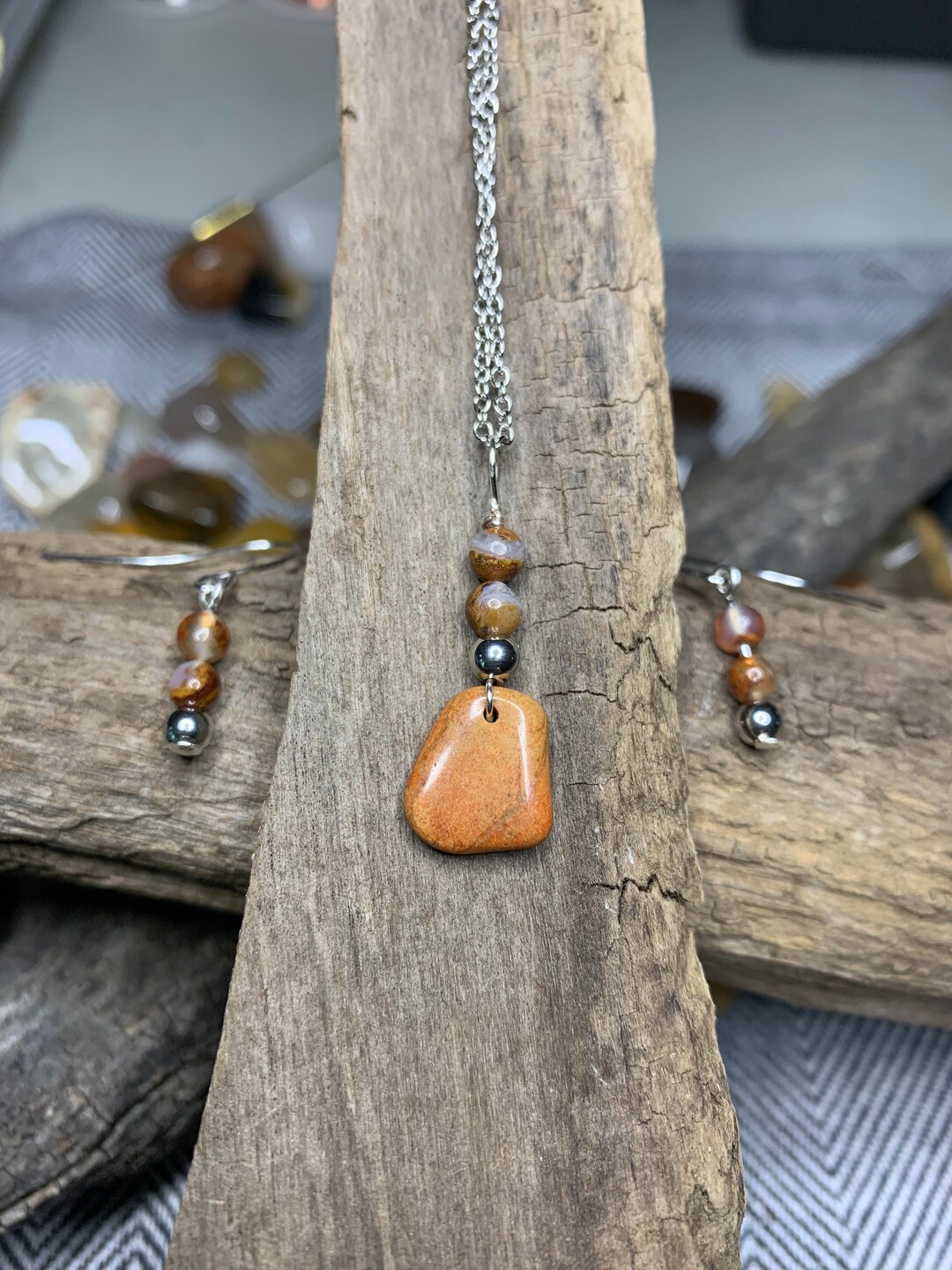 Natural Rock Jewelry Set With Golden Brown Tumbled Stone and Agate Bead ...
