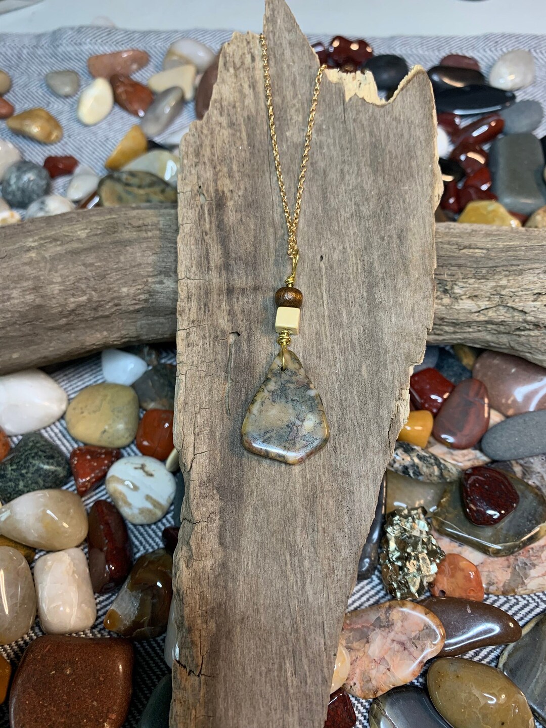 Granite Pendant Necklace With Wood Bead Accents. Natural Hand-picked ...